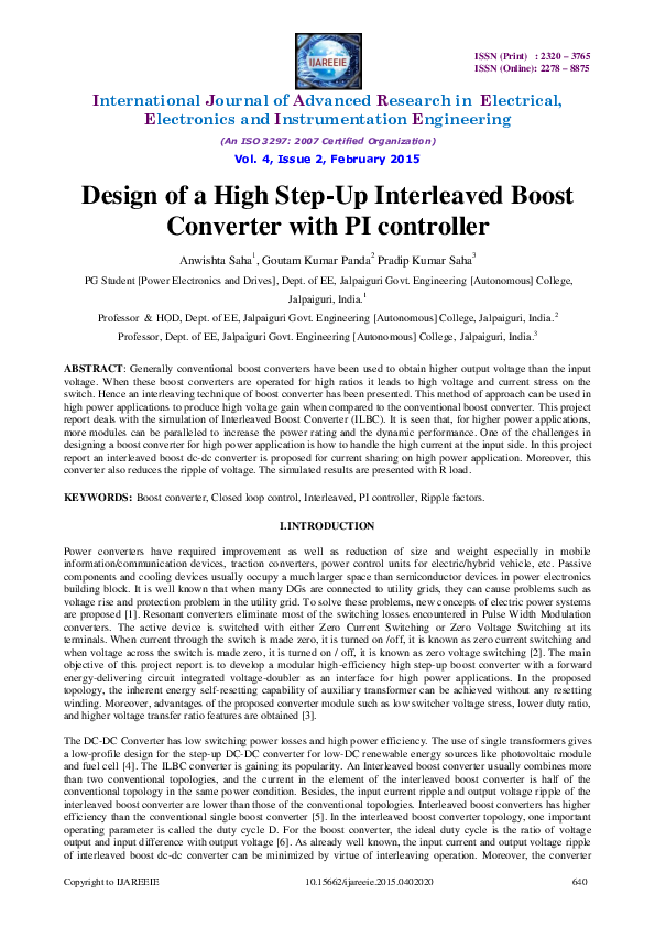 (PDF) Design of a High Step-Up Interleaved Boost Converter with PI controller