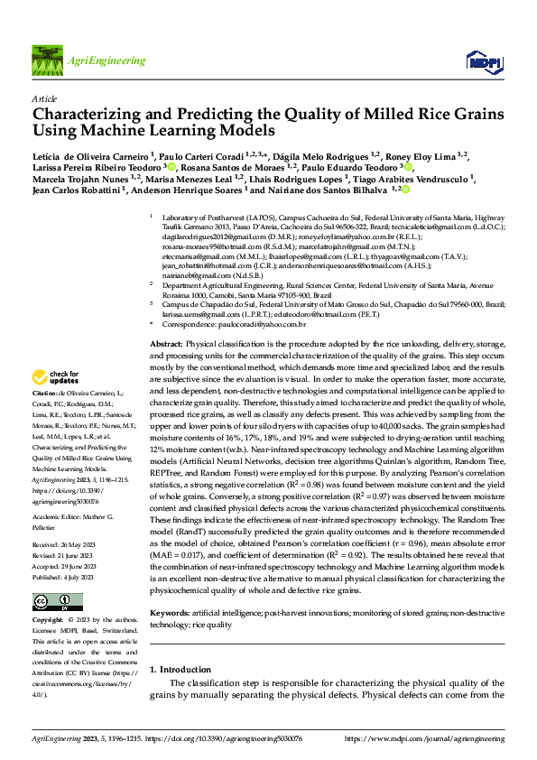 (PDF) Characterizing and Predicting the Quality of Milled Rice Grains Using Machine Learning Models