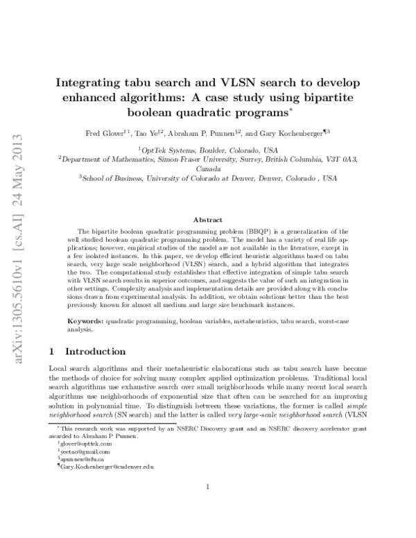 (PDF) Integrating tabu search and VLSN search to develop enhanced algorithms: A case study using ...