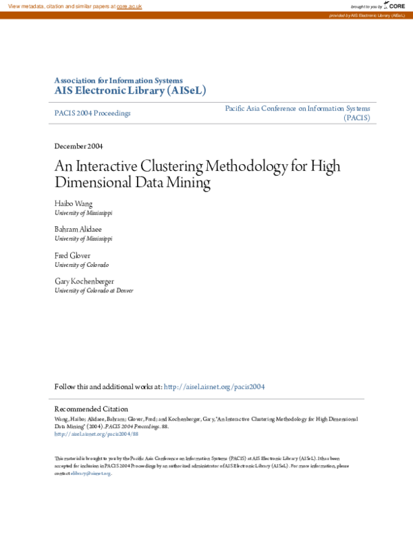 (PDF) An Interactive Clustering Methodology for High Dimensional Data Mining | Gary Kochenberger ...