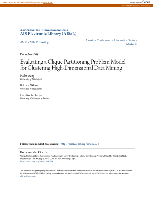 (PDF) Evaluating a Clique Partitioning Problem Model for Clustering High-Dimensional Data Mining