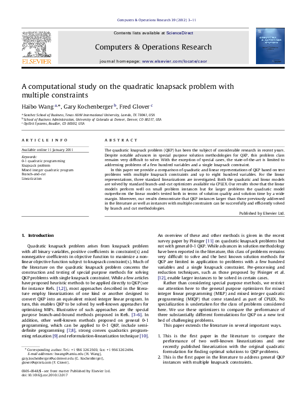 (PDF) A computational study on the quadratic knapsack problem with multiple constraints | Gary ...