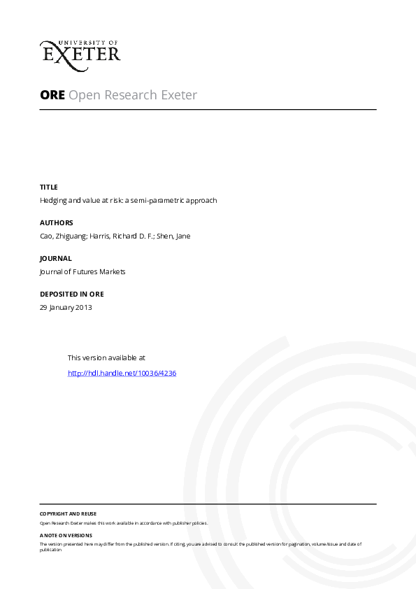 Pdf Hedging And Value At Risk A Semi Parametric Approach