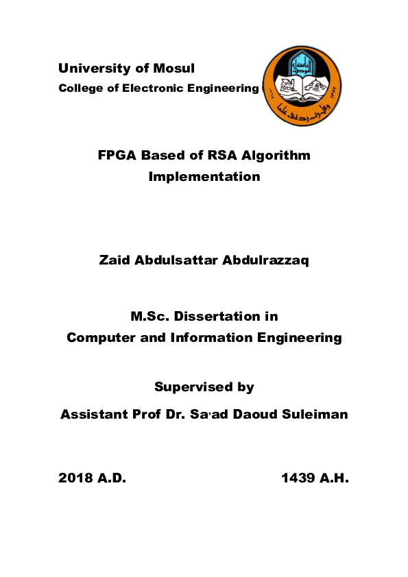 Pdf Fpga Based Rsa Algorithm Implementation زيد عبد الستار عبد الرزاق