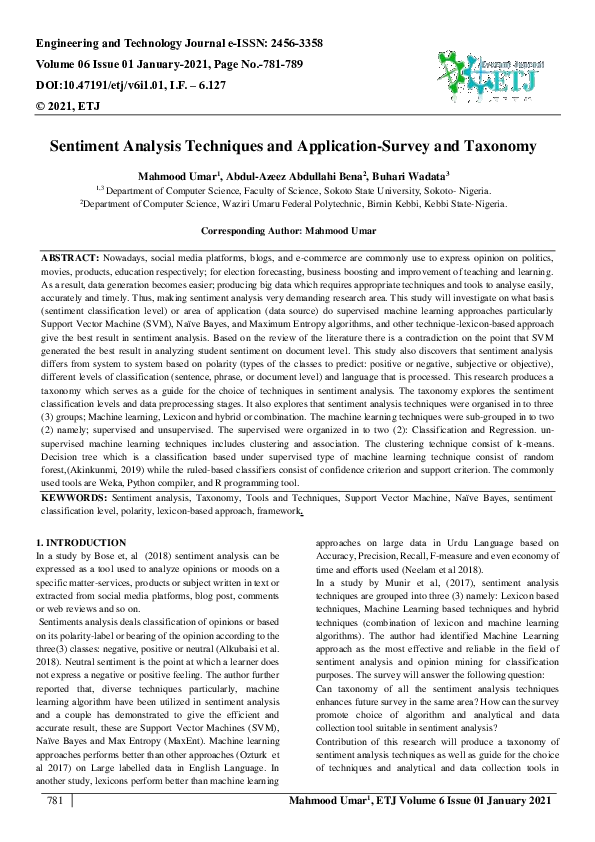 Pdf Sentiment Analysis Techniques And Application Survey And Taxonomy