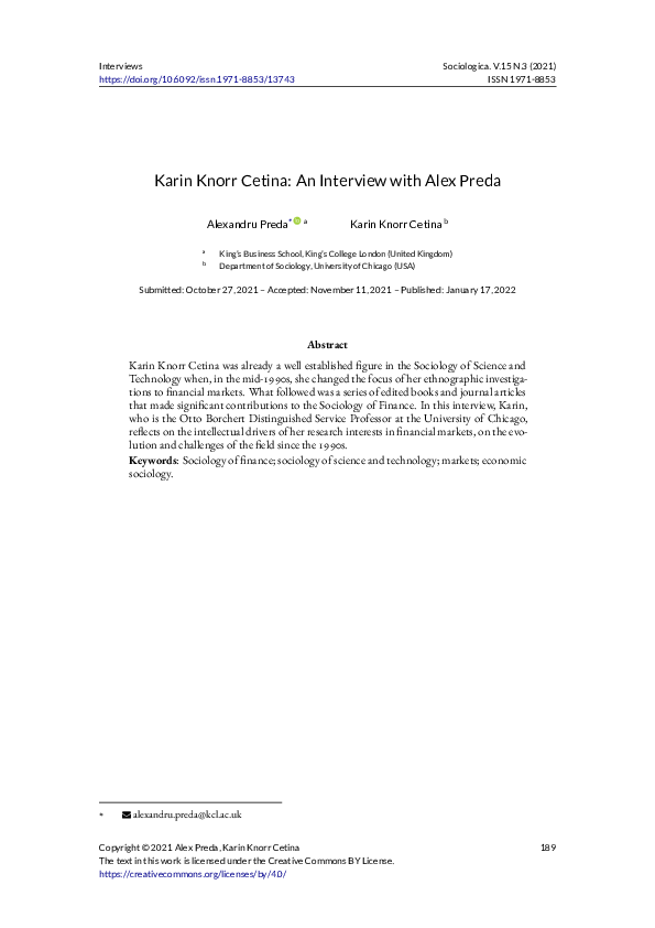 (PDF) Karin Knorr Cetina: An Interview with Alex Preda