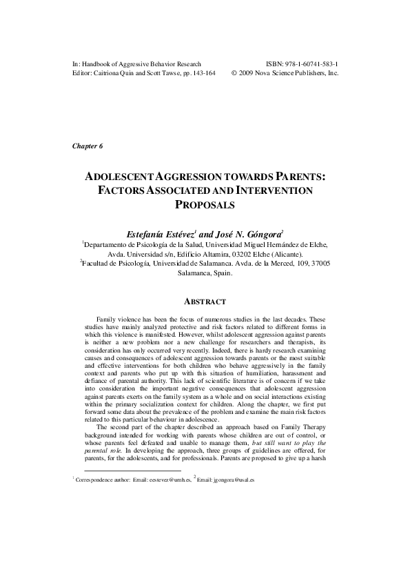 (PDF) Chapter 6 ADOLESCENT AGGRESSION TOWARDS PARENTS: FACTORS ASSOCIATED AND INTERVENTION PROPOSALS