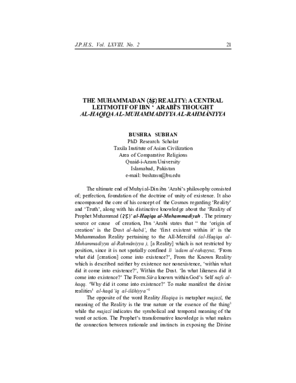 (PDF) THE MUHAMMADAN REALITY: A CENTRAL LEITMOTIF OF IBN ' ARABÔ'S ...