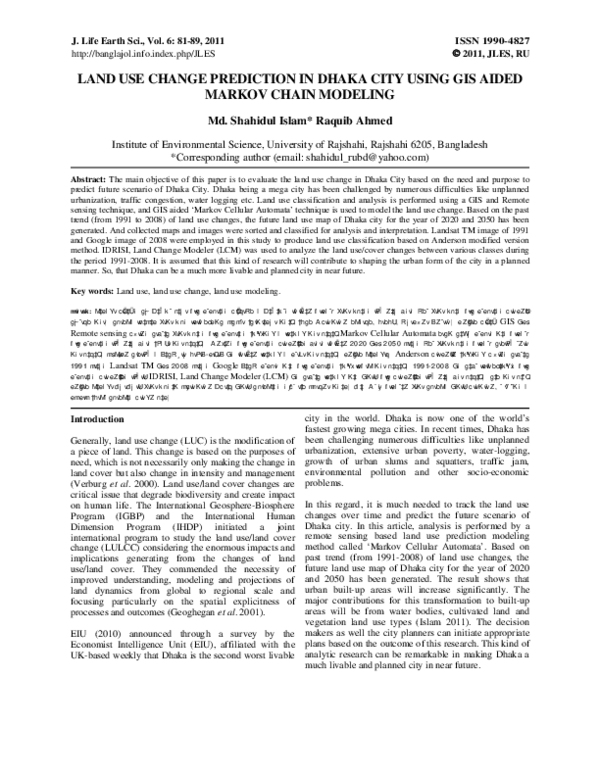 (PDF) Land Use Change Prediction In Dhaka City Using Gis Aided Markov Chain Modeling