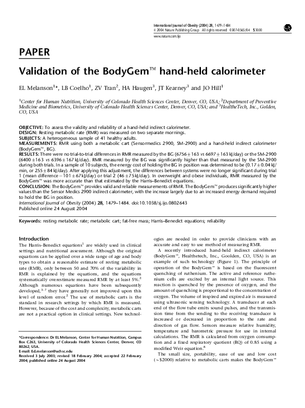 (PDF) Validation of the BodyGem™ hand-held calorimeter