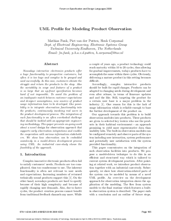 (PDF) UML Profile for modeling product observation | Henk Corporaal - Academia.edu