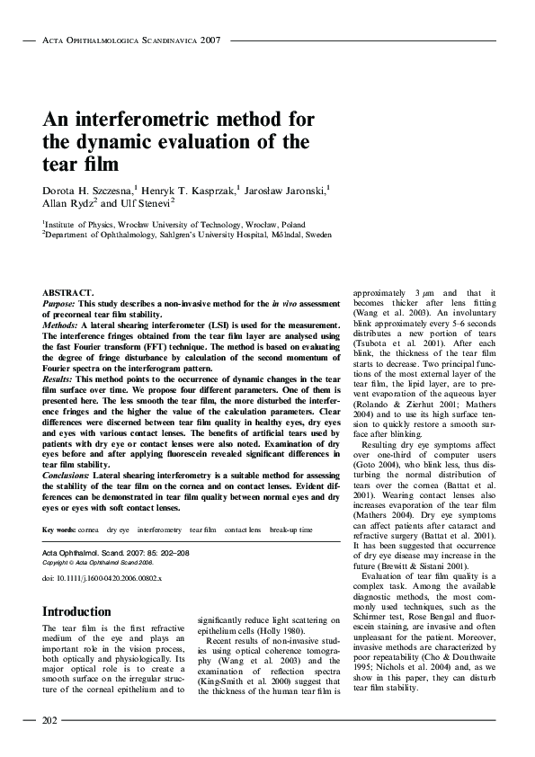 (PDF) An interferometric method for the dynamic evaluation of the tear film