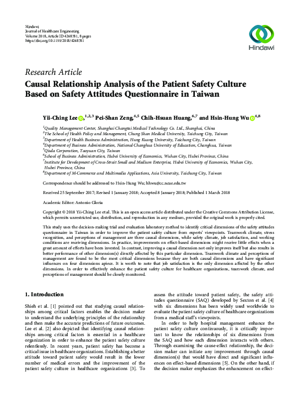 (PDF) Causal Relationship Analysis of the Patient Safety Culture Based ...