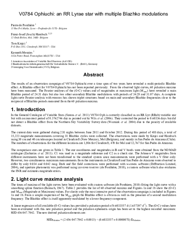 (PDF) V0784 Ophiuchi: an RR Lyrae star with multiple Blazhko modulations