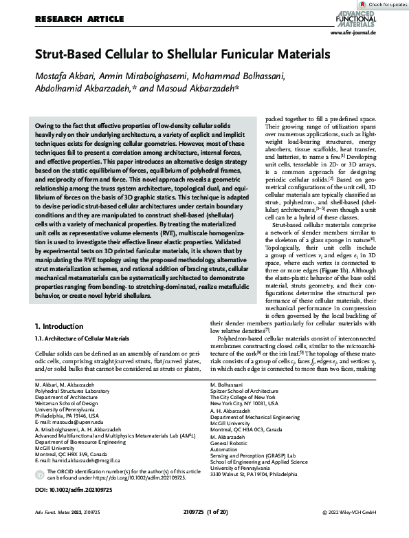 (PDF) Strut‐Based Cellular to Shellular Funicular Materials | Mostafa Akbari - Academia.edu