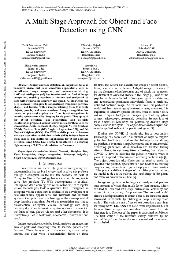 Pdf A Multi Stage Approach For Object And Face Detection Using Cnn 8671
