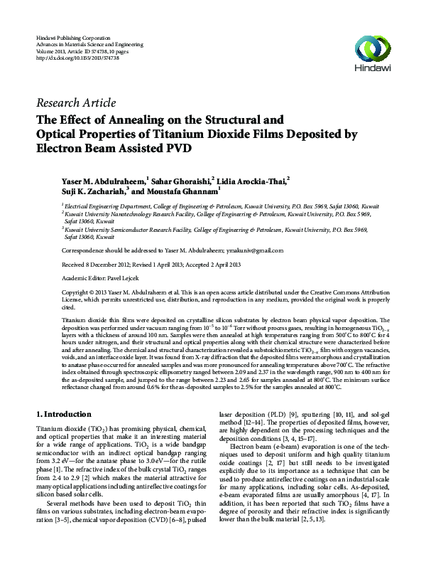 (PDF) The Effect of Annealing on the Structural and Optical Properties of Titanium Dioxide Films ...