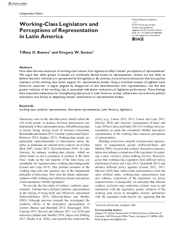 (PDF) Working-Class Legislators and Perceptions of Representation in ...
