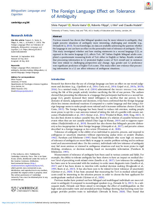 (PDF) The Foreign Language Effect on Tolerance of Ambiguity