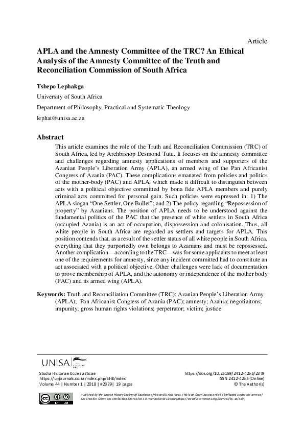 (PDF) APLA and the Amnesty Committee of the TRC? An Ethical Analysis of ...