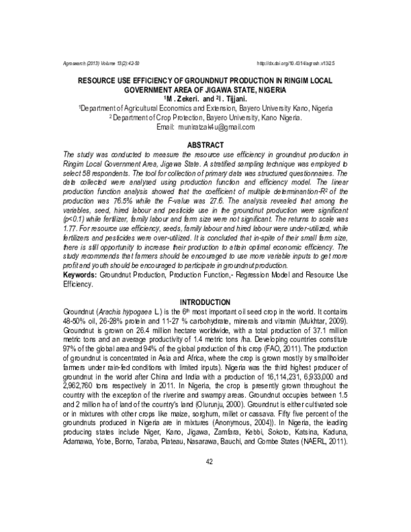 (PDF) Resource Use Efficiency of Groundnut Production in Ringim Local ...