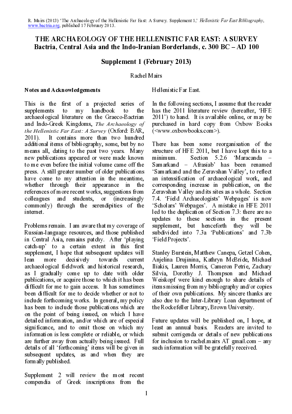 (PDF) The Archaeology of the Hellenistic Far East: A Survey