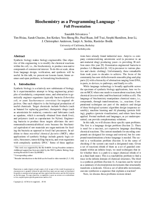 (PDF) Biochemistry as a Programming Language ∗ Full Presentation