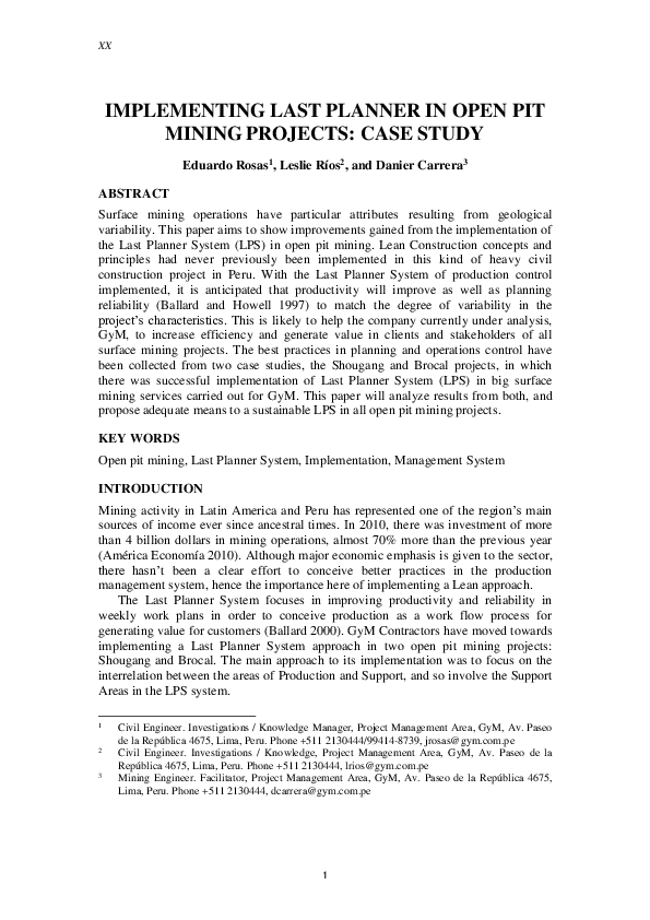 (PDF) Implementing Last Planner in Open Pit Mining Projects: Case Study | Leslie Guadalupe ...