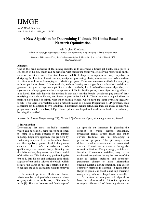 Pdf A New Algorithm For Determining Ultimate Pit Limits Based On Network Optimization