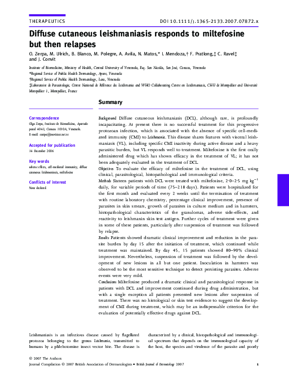 (PDF) Diffuse cutaneous leishmaniasis responds to miltefosine but then ...