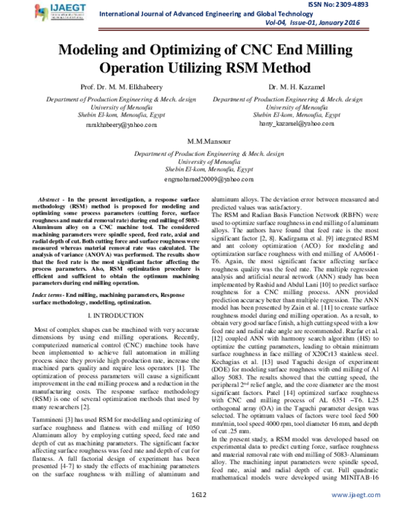 Pdf Modeling And Optimizing Of Cnc End Milling Operation Utilizing Rsm Method