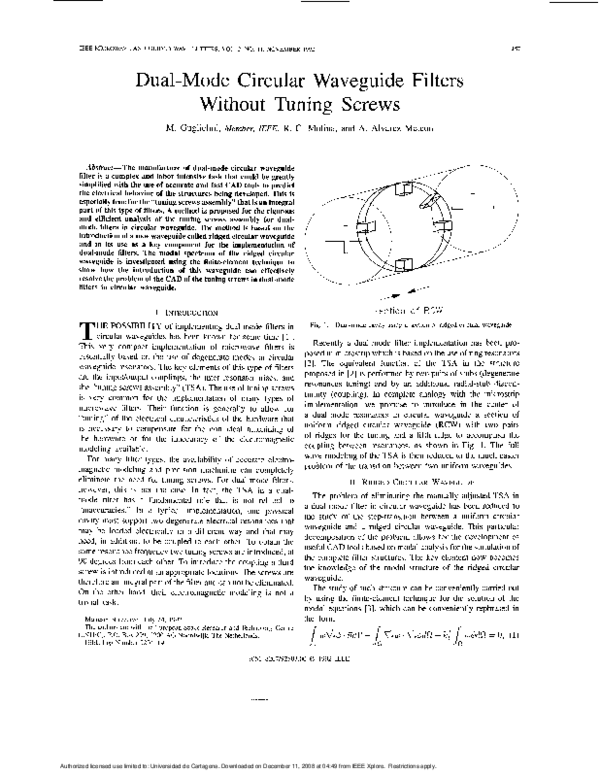 Pdf Dual Mode Circular Waveguide Filters Without Tuning Screws