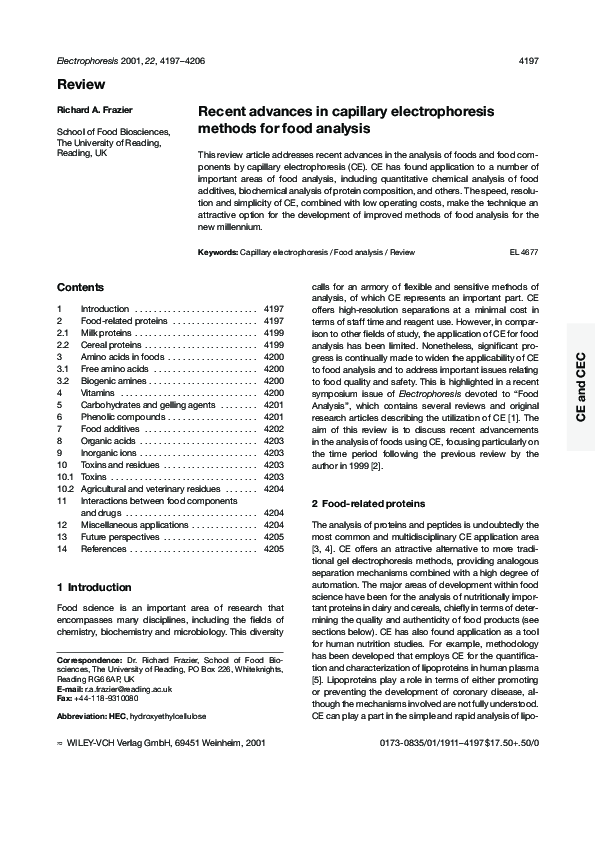 (PDF) Recent advances in capillary electrophoresis methods for food ... (PDF) Recent advances in capillary electrophoresis methods for food ...