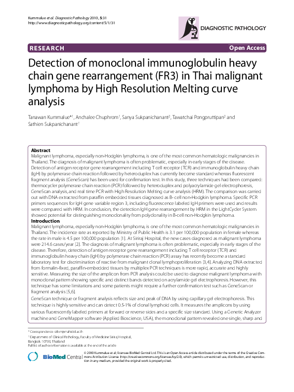 (PDF) Detection Of Monoclonal Immunoglobulin Heavy Chain Gene Rearrangement In Bone Marrow And ...
