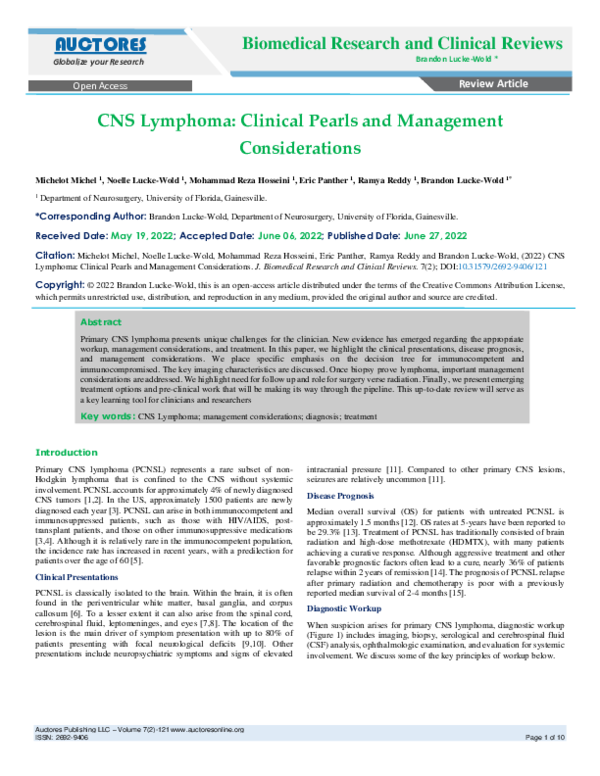 (PDF) CNS Lymphoma: Clinical Pearls and Management Considerations ...