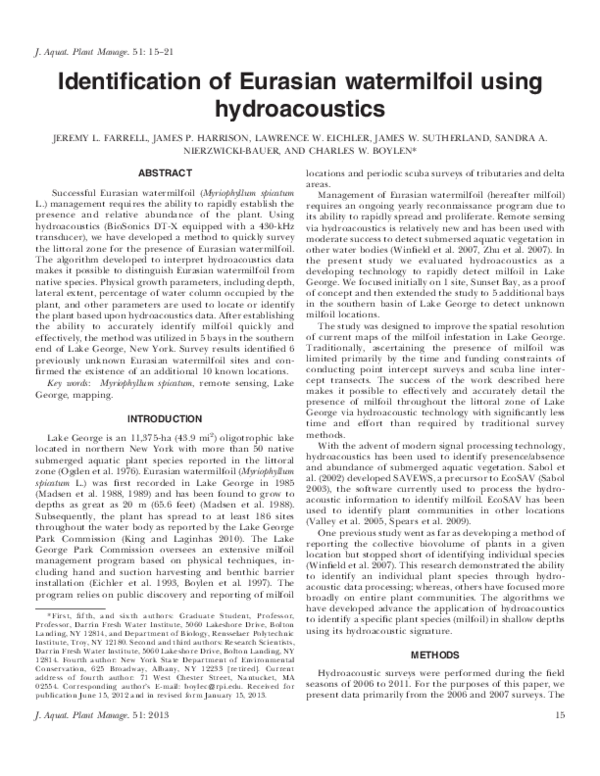 (PDF) Identification of Eurasian watermilfoil using hydroacoustics