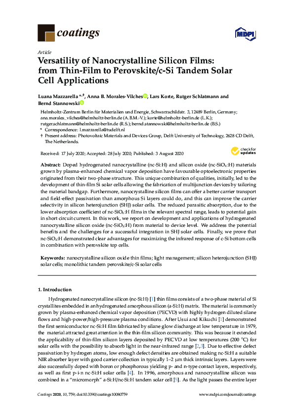 (PDF) Versatility of Nanocrystalline Silicon Films: from Thin-Film to Perovskite/c-Si Tandem ...