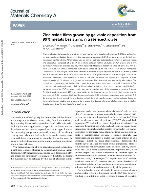 (PDF) Zinc oxide films grown by galvanic deposition from 99% metals ...