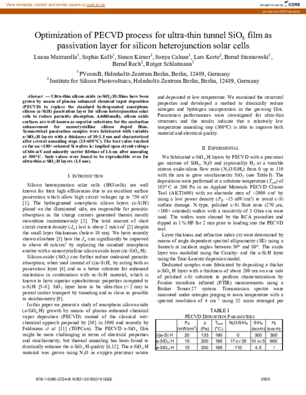(PDF) Optimization of PECVD process for ultra-thin tunnel SiOx film as passivation layer for ...