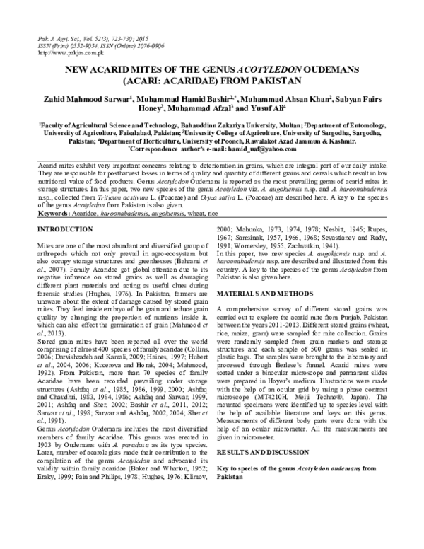 (PDF) New acarid mites of the genus Acotyledon Oudemans (Acari ...