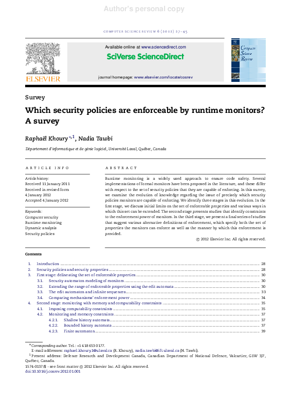 (PDF) Which security policies are enforceable by runtime monitors? A survey