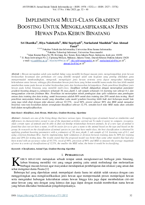 (PDF) Implementation of Multi-Class Gradient Boosting to Classify Animal Species in Zoos