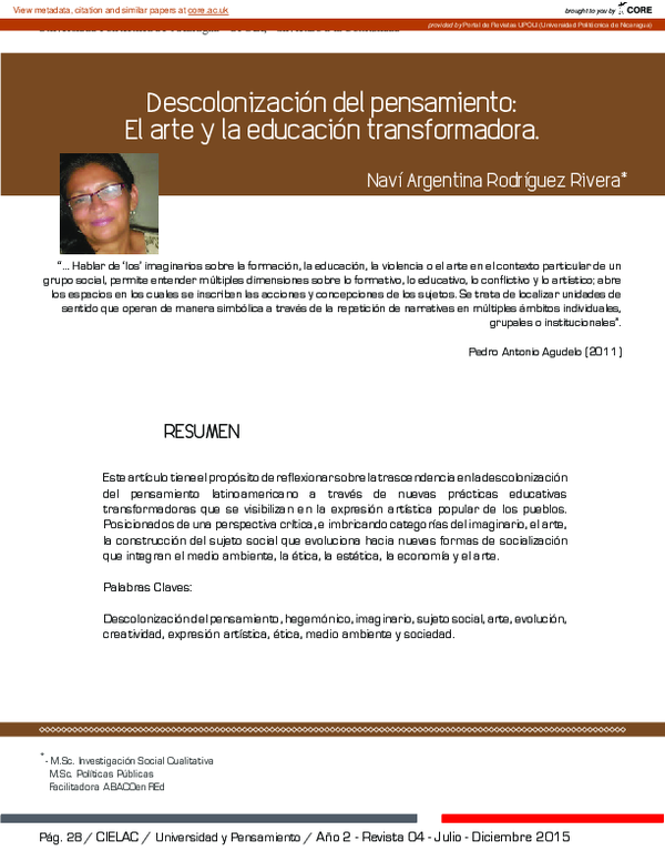 (PDF) Descolonización del pensamiento: El arte y la educación transformadora