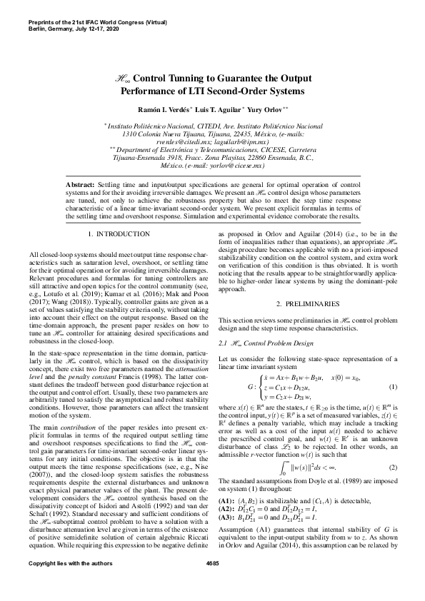 (PDF) H∞ Control Tunning to Guarantee the Output Performance of LTI Second-Order Systems