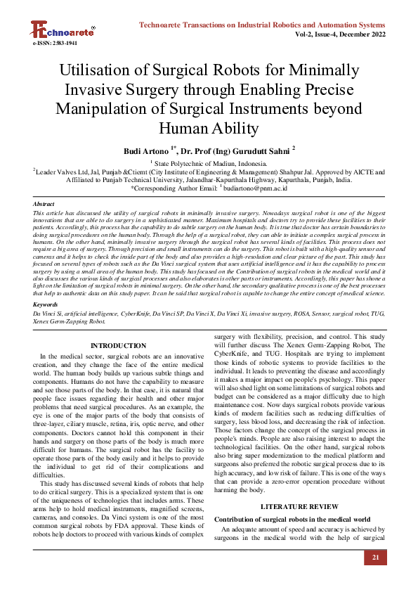 (PDF) Utilisation of Surgical Robots for Minimally Invasive Surgery through Enabling Precise ...
