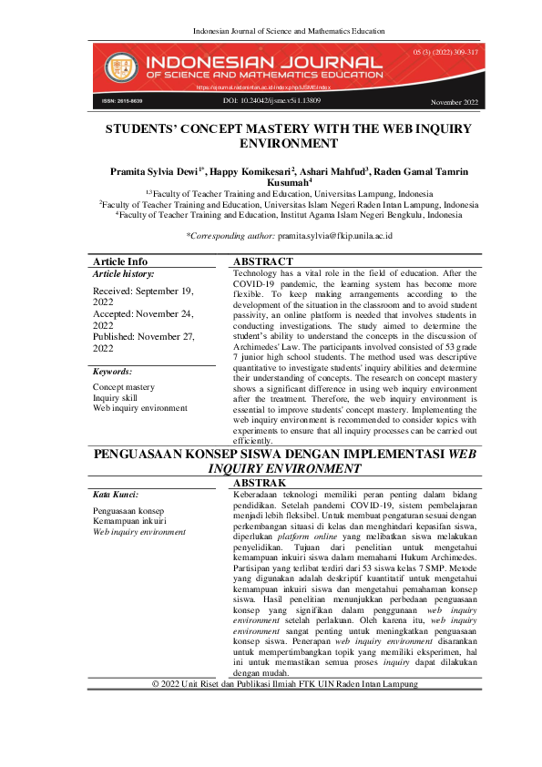 (PDF) Students’ Concept Mastery with the Web Inquiry Environment