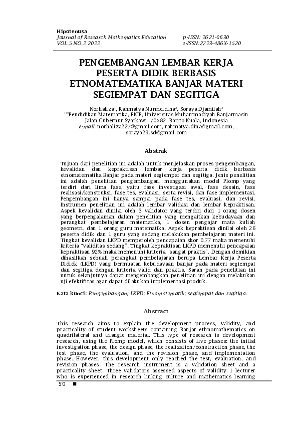 (PDF) Pengembangan Lembar Kerja Peserta Didik Berbasis Etnomatematika Banjar Materi Segiempat ...