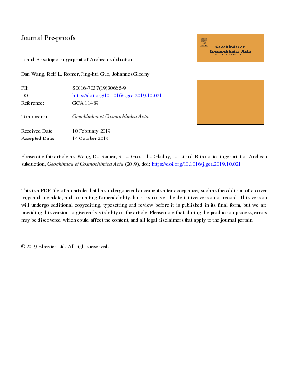 (PDF) Li and B isotopic fingerprint of Archean subduction