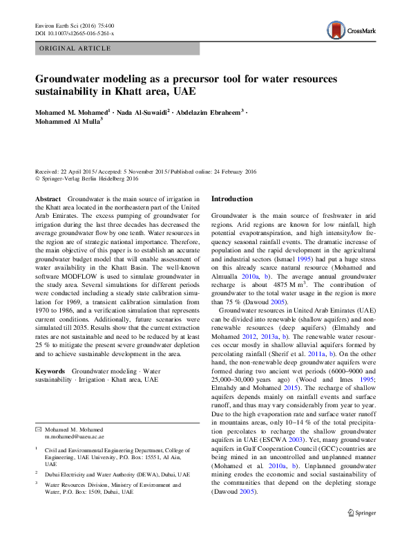 (PDF) Groundwater modeling as a precursor tool for water resources sustainability in Khatt area, UAE