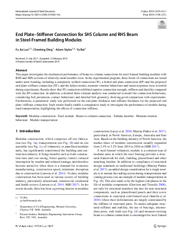 (PDF) End Plate–Stiffener Connection for SHS Column and RHS Beam in ...